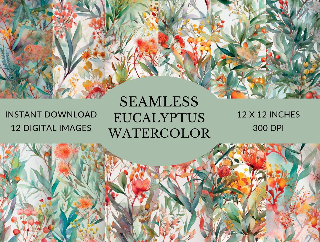 Eucalyptus Watercolor Seamless Paper, Floral Digital Paper (JPG Format ...