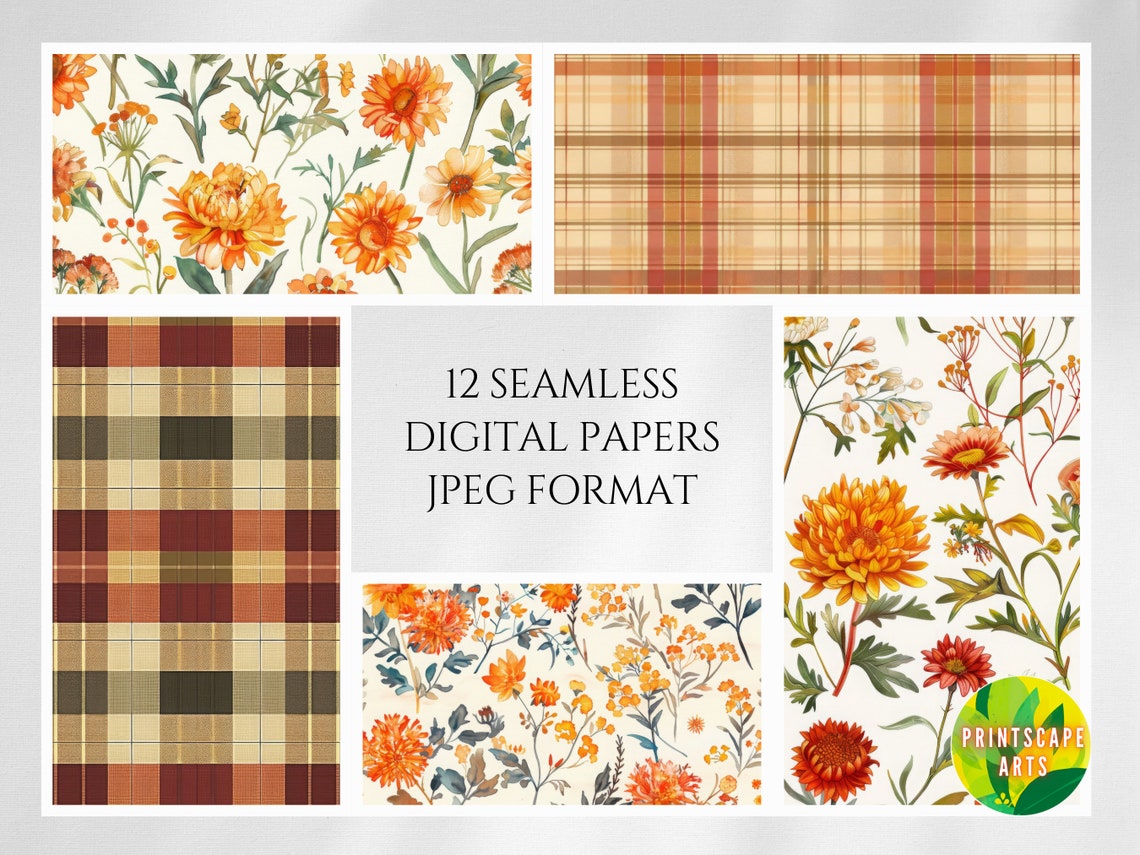Vintage Autumn Floral Digital Paper: Earth Tone Gingham (digital ...