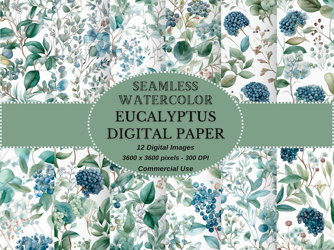 Watercolor Eucalyptus Digital Paper: Seamless Scrapbook Design (JPG ...