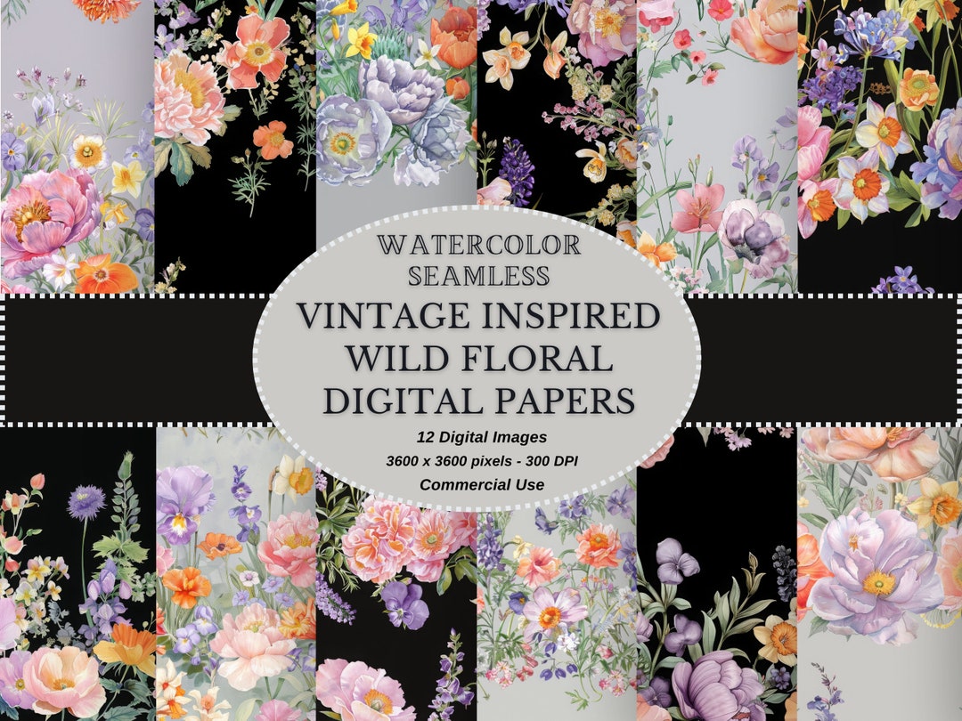Vintage Inspired Watercolor Wildflower Digital Paper Seamless Shabby ...