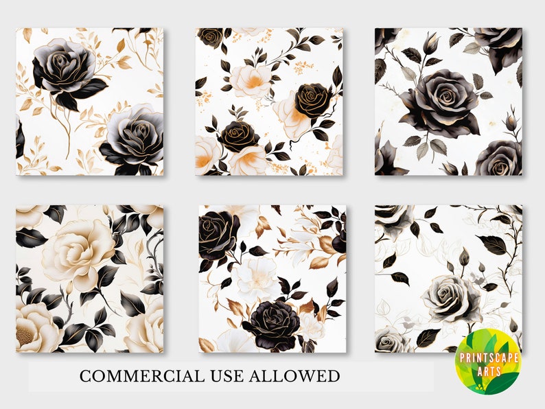 Watercolor Black and Gold Roses Digital Paper Pack, Roses Seamless ...
