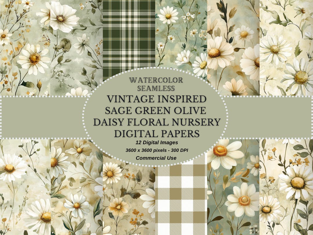 Floral Nursery Digital Paper: Vintage Sage Green Daisy (digital ...