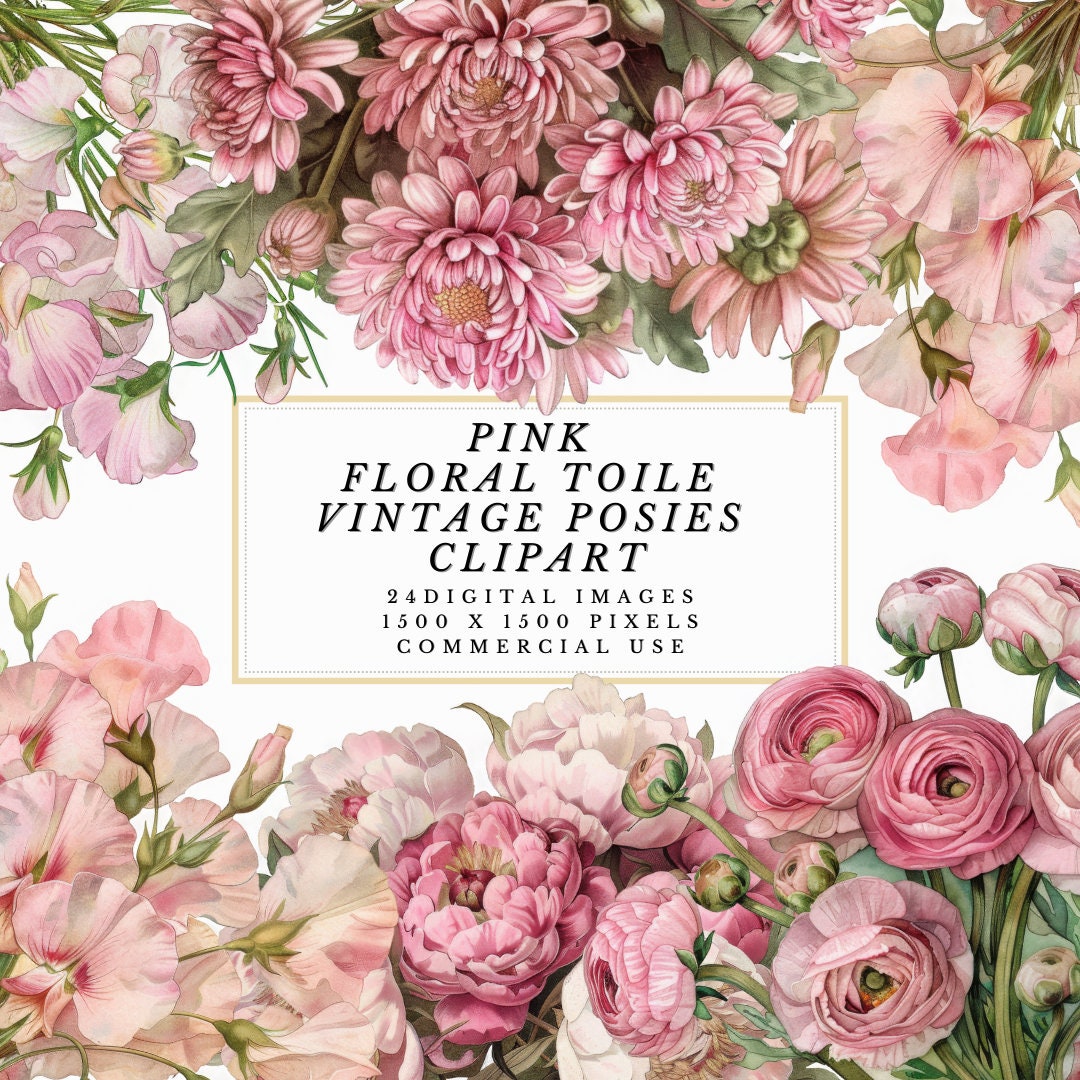 Pink Floral Toile Inspired Clipart Set - Vintage Posies Digital ...