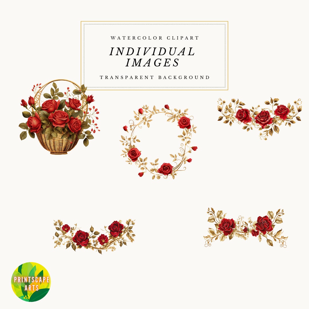Elegant Red Gold Rose Clipart - Digital Floral Graphics for Invitations ...