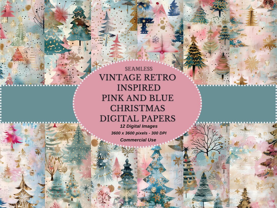 Vintage Christmas Digital Paper: Pink & Blue Seamless Patterns (digital ...