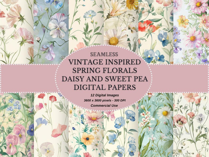 Vintage Floral Digital Paper: Seamless Watercolor Spring Patterns ...