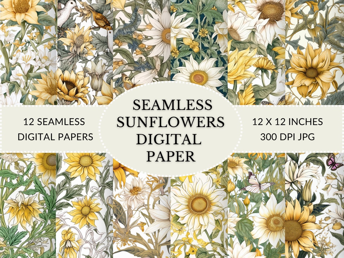 Vintage Sunflower Digital Paper: Seamless Floral Patterns (commercial ...