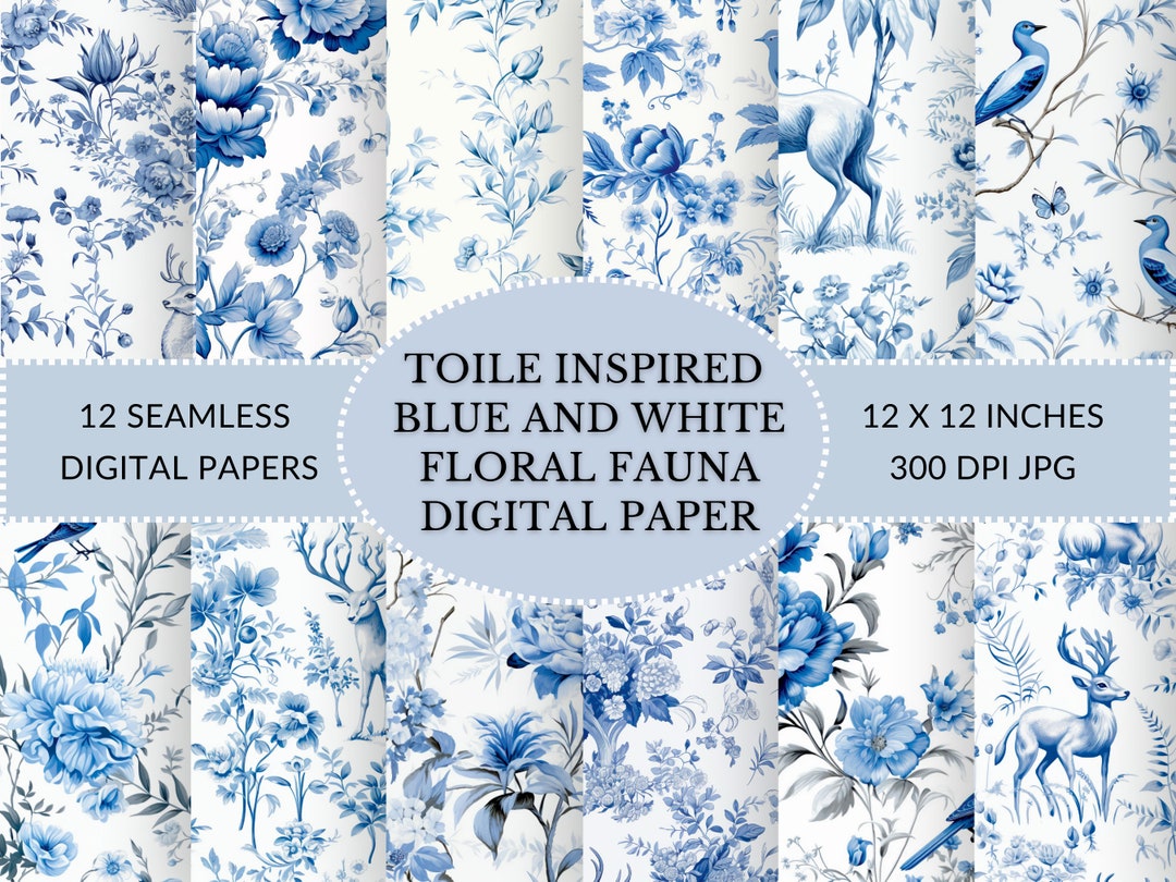 Blue Toile Digital Paper: Floral Fauna Seamless Pattern (JPG Download ...