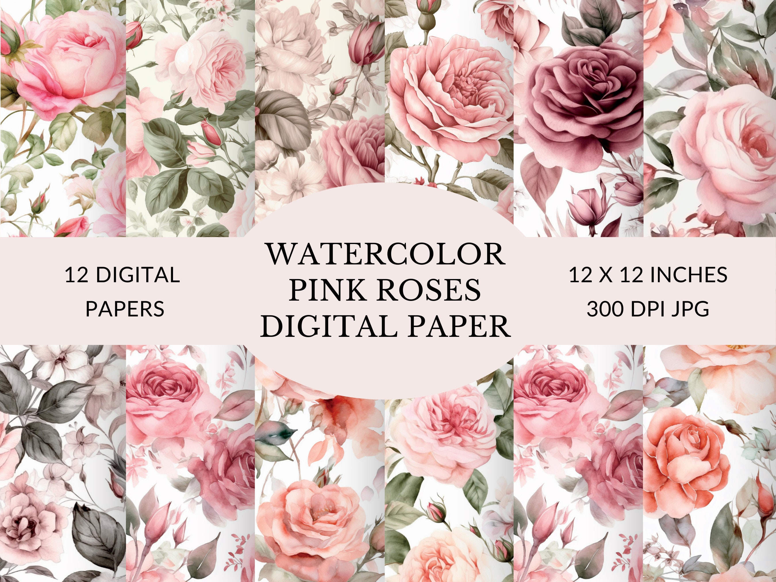 Watercolor Pink Roses Digital Paper Pack Roses Seamless - Etsy