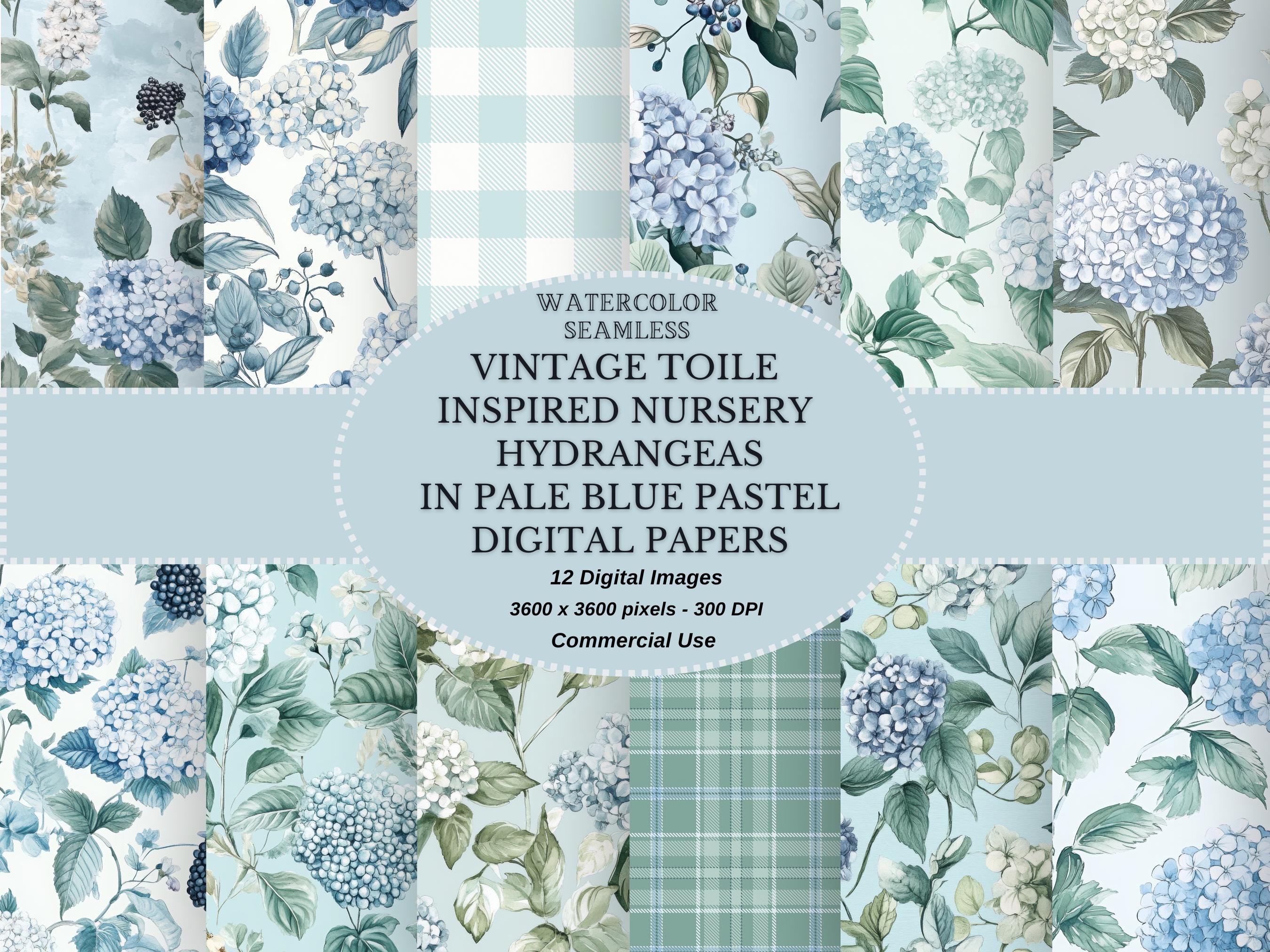 Vintage Toile Hydrangea Digital Paper: Pale Blue Floral (digital ...