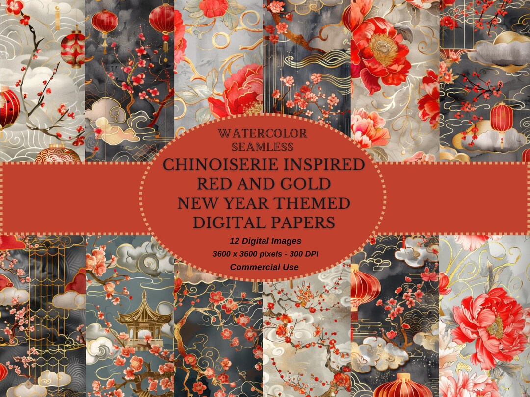 Asian Inspired Digital Paper Design - Festive Red and Gold Chinoiserie ...