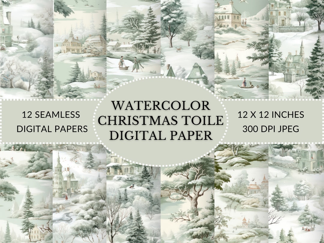 Green Christmas Toile Digital Paper: Seamless Holiday Patterns (JPEG ...