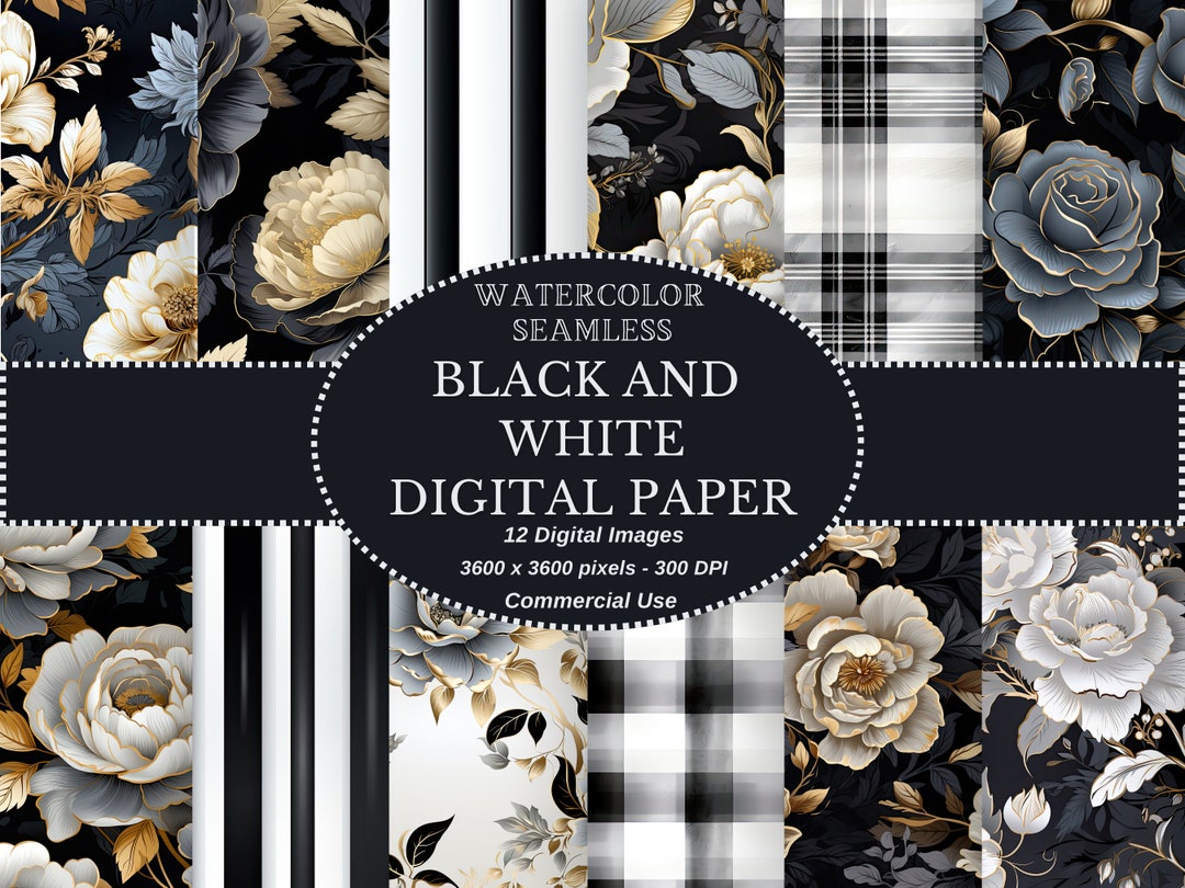 Vintage Black and White Roses Digital Paper: Seamless Floral Patterns ...