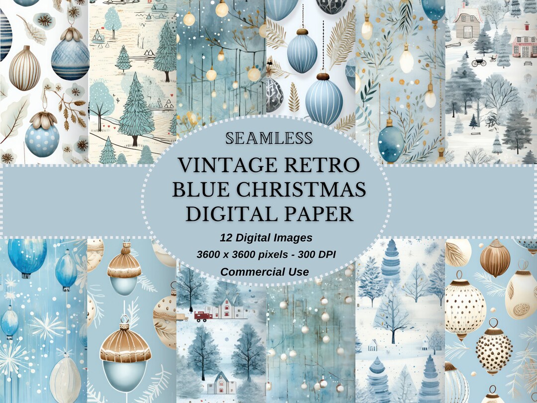 Blue Christmas Digital Paper: Vintage Retro Holiday Patterns (digital ...
