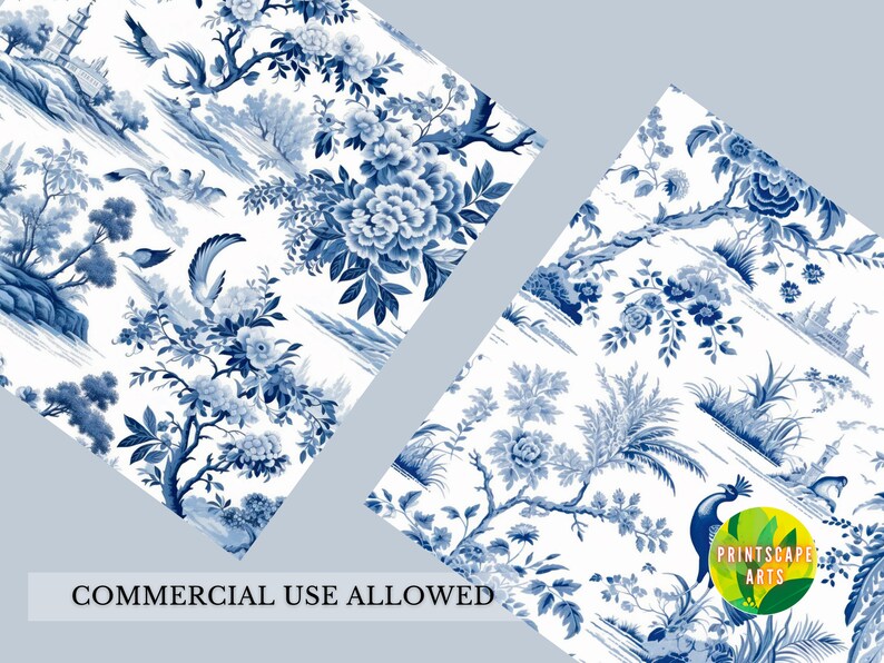 Blue Toile Digital Paper: Floral Fauna Seamless Pattern (JPG Download ...