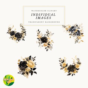 Watercolor Black Gold Rose Clipart: Floral Bouquet, Border (PNG ...