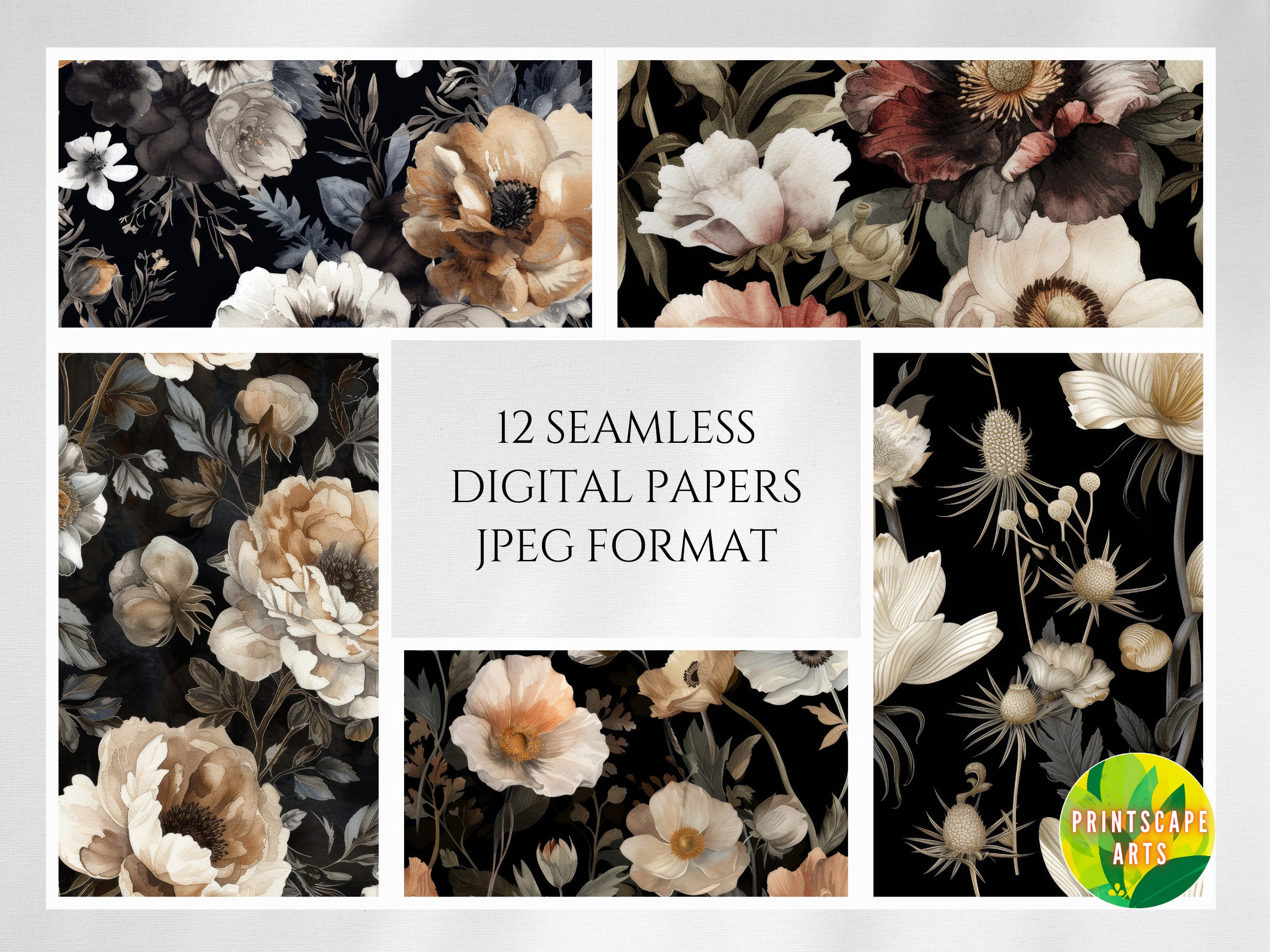 Seamless Digital Paper Moody Dark Florals: Soft Goth Floral Medley in ...