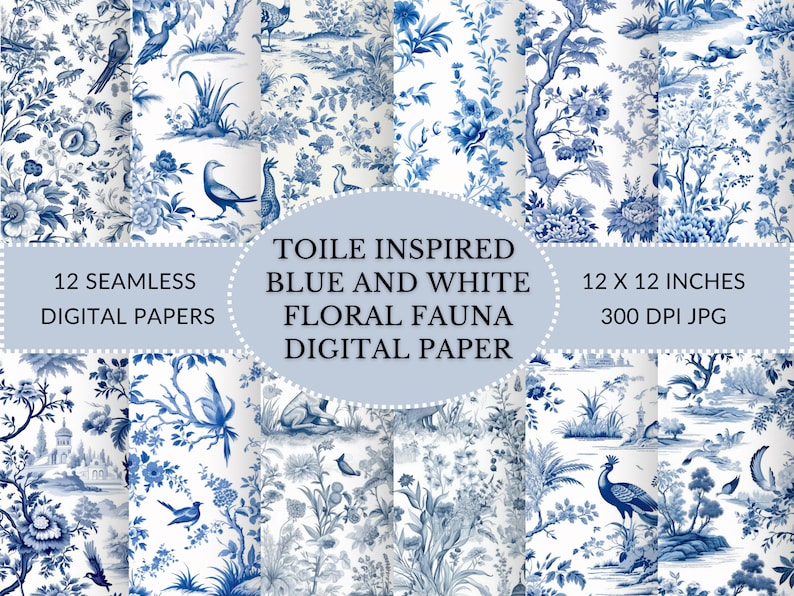 Blue Toile Digital Paper: Floral Fauna Seamless Pattern (JPG Download ...