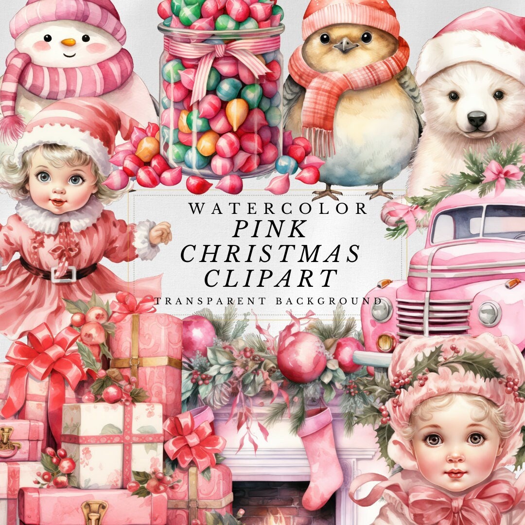Vintage Pink Christmas Clipart Collection Pink Retro Style, High ...