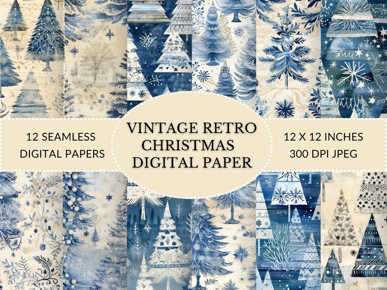 Printable Blue Christmas Digital Paper: Downloadable Vintage Retro ...