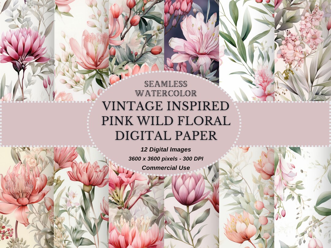 Watercolor Pink Floral Digital Paper: Vintage Shabby Chic (digital ...