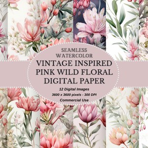 Watercolor Pink Floral Digital Paper: Vintage Shabby Chic (digital ...