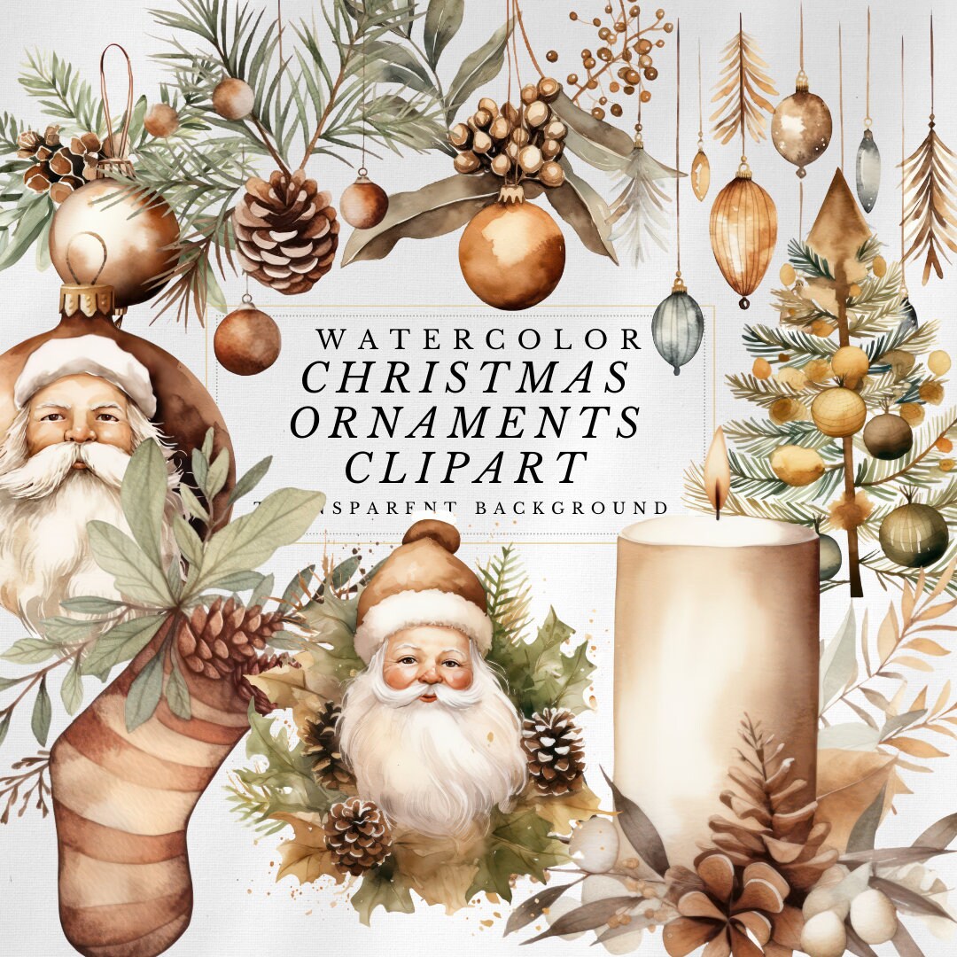 Watercolor Christmas Ornaments Clipart: Retro Holiday Decor (digital ...