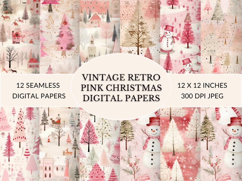Printable Pink Christmas Digital Paper: Downloadable Vintage Retro ...