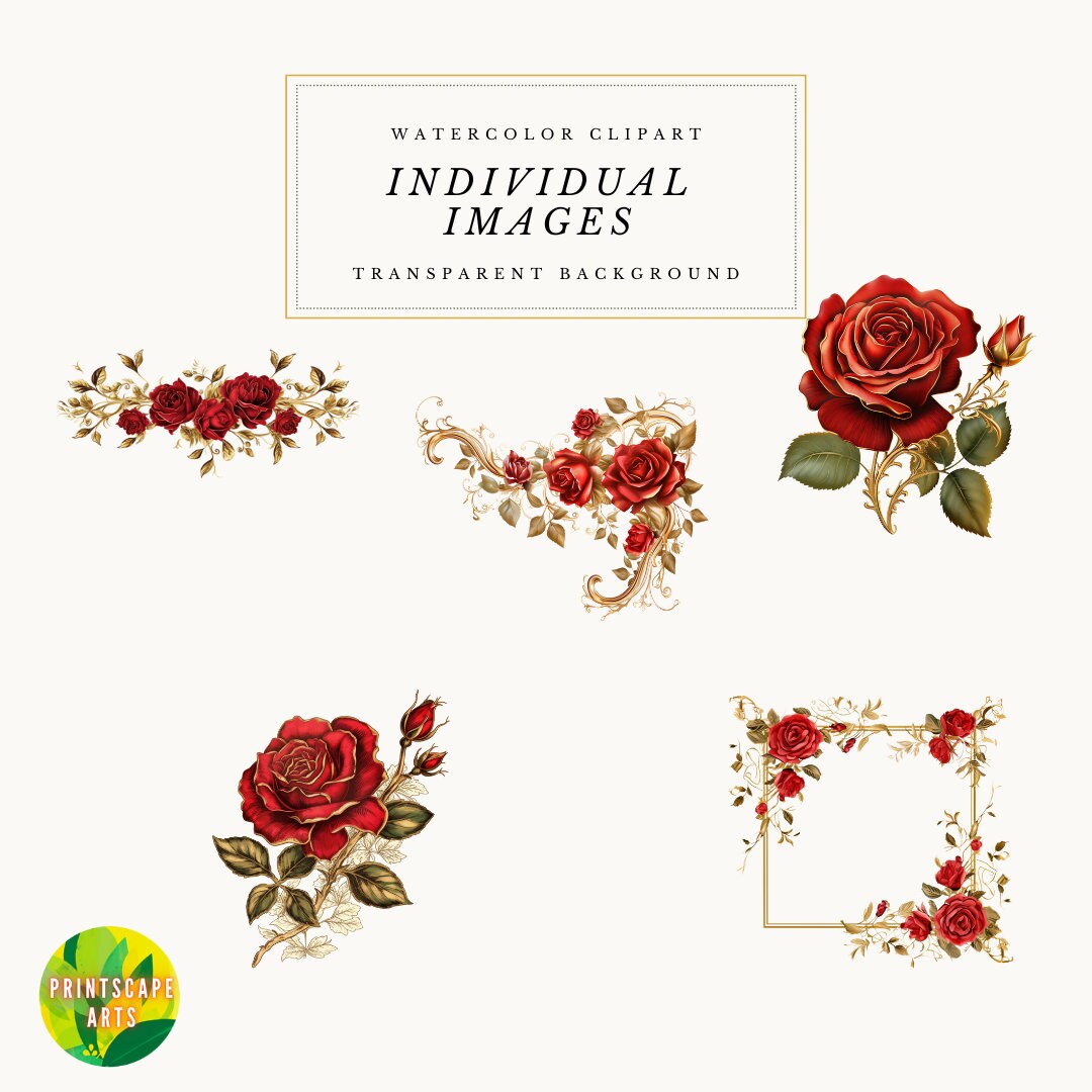 Elegant Red Gold Rose Clipart - Digital Floral Graphics for Invitations ...