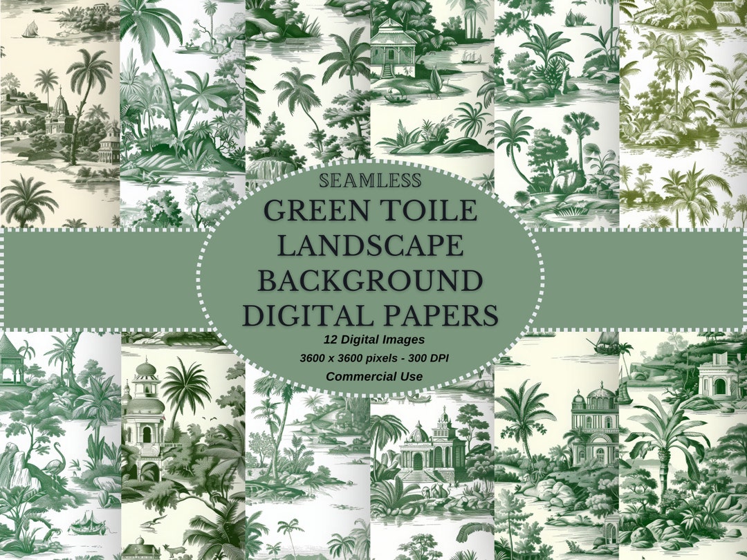 Green Toile Landscape Digital Paper: Seamless Background (JPEG Download ...