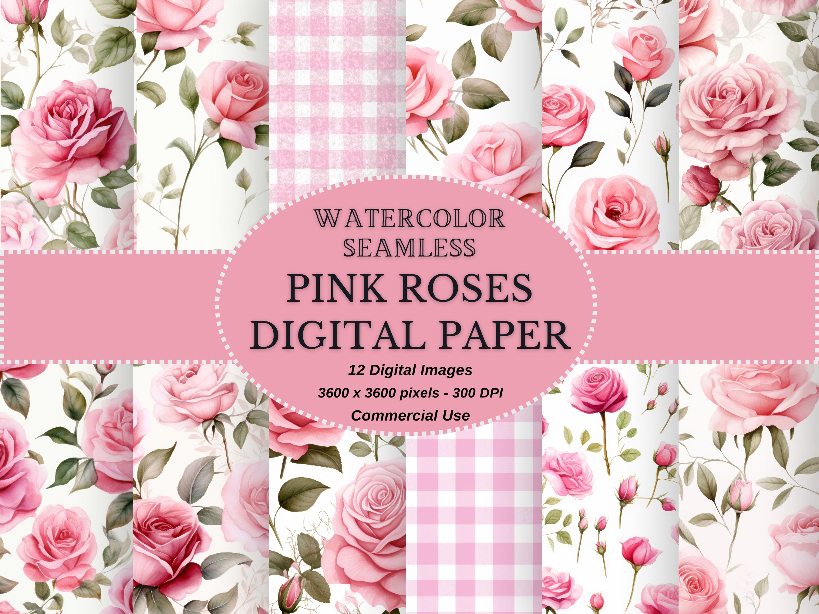 Watercolor Pink Roses Digital Paper Pack, Roses Seamless Pattern, Pink ...