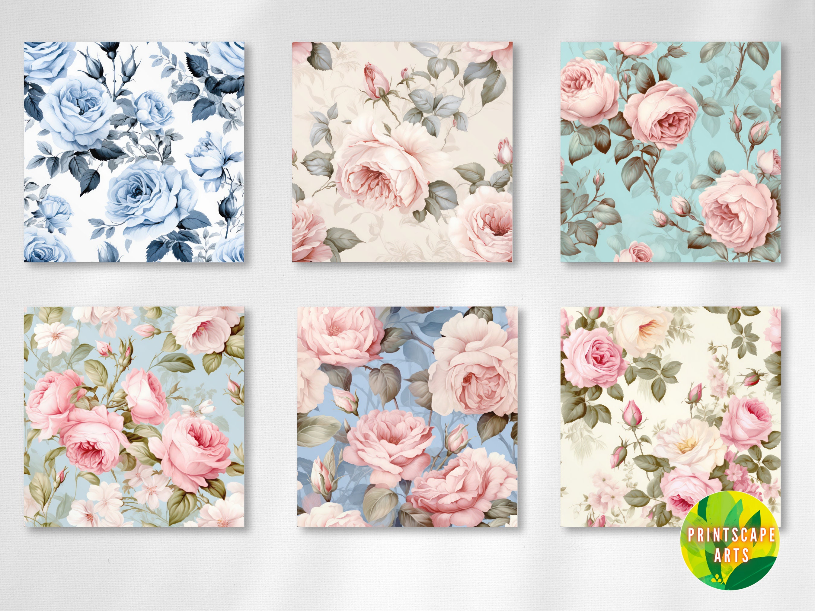 Vintage Inspired Pink and Blue Vintage Rose Digital Paper, Seamless ...