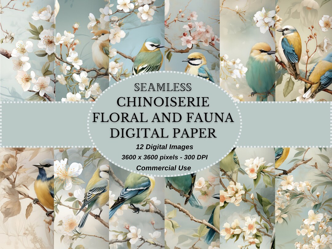 Elegant Chinoiserie Digital Paper With Finch and Oriental Flora ...