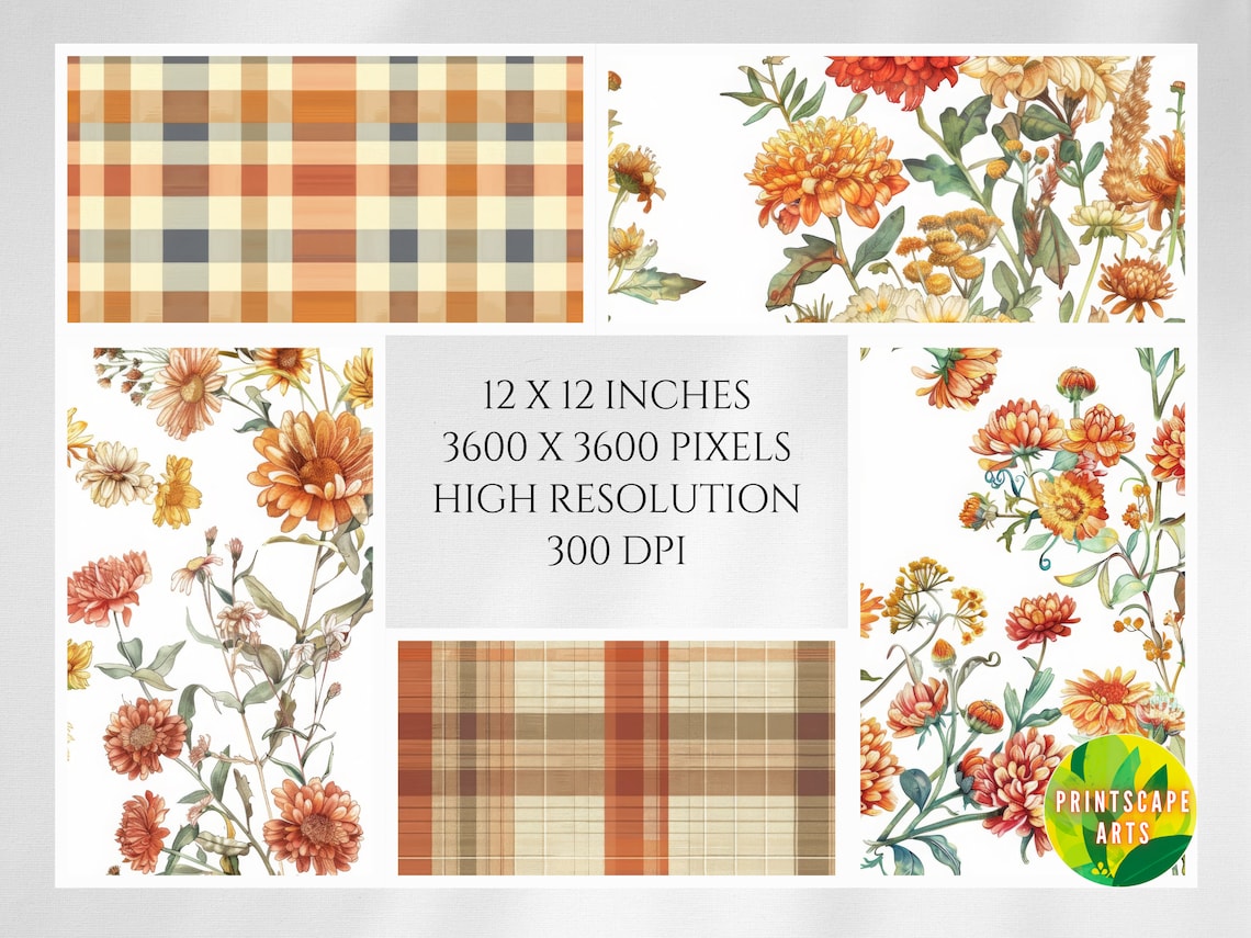 Vintage Autumn Floral Digital Paper: Earth Tone Gingham (digital ...