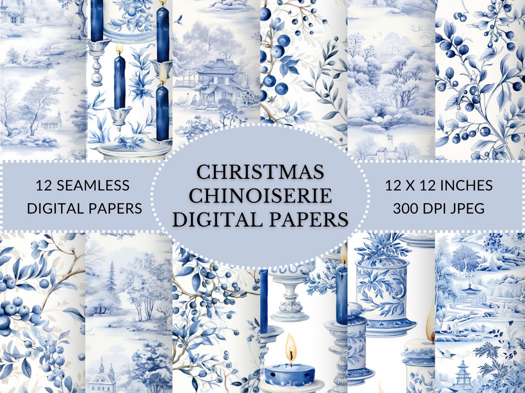 Christmas Chinoiserie Digital Paper: Blue & White Scenes (digital ...