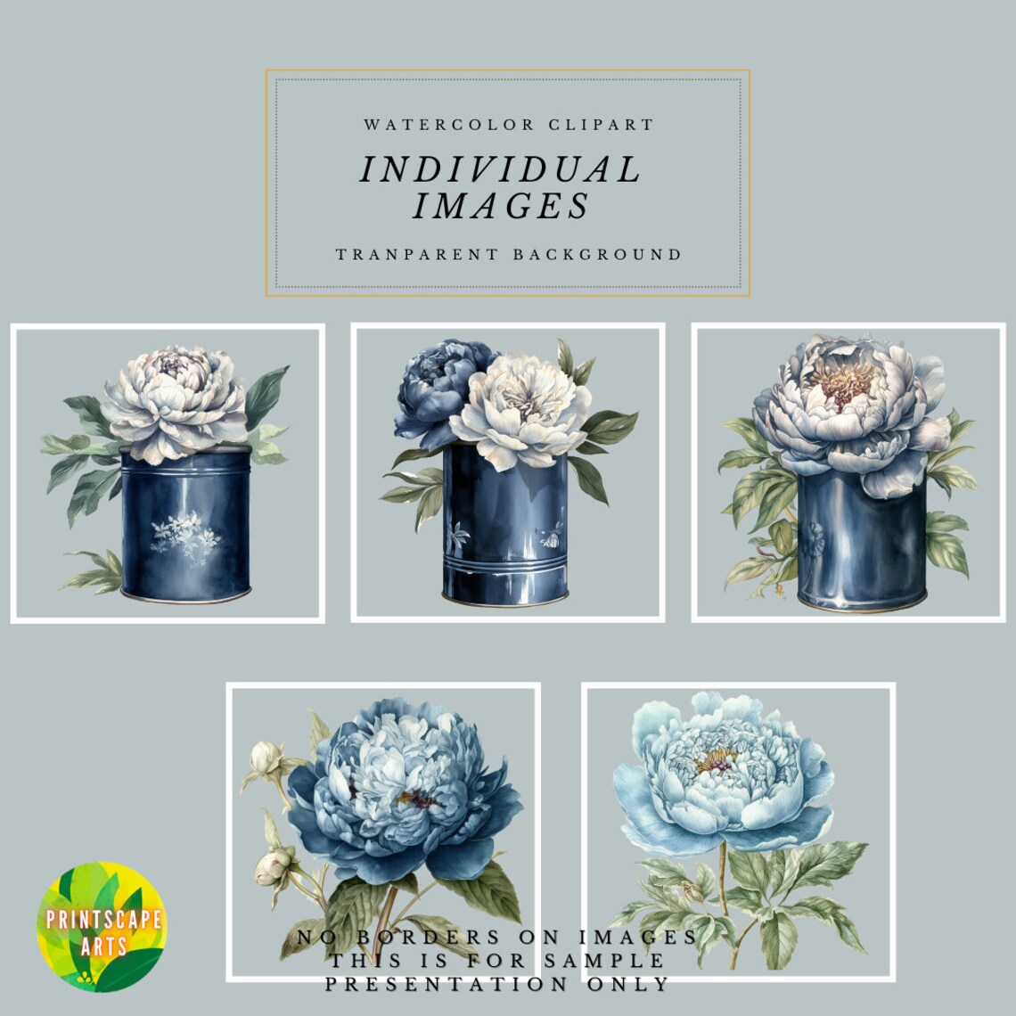 Watercolor Blue Peony Clipart Dusty Blue Floral Clipart - Etsy