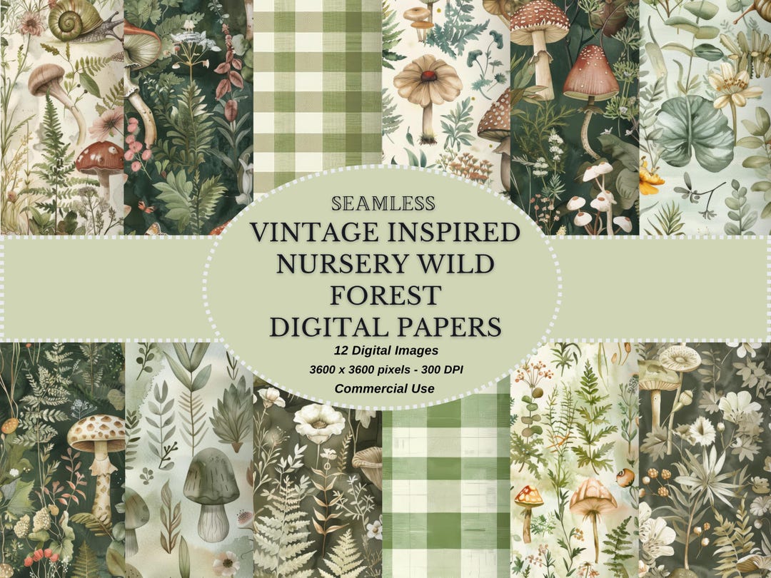 Vintage Wild Forest Nursery Digital Paper Set: Shabby Chic Green ...