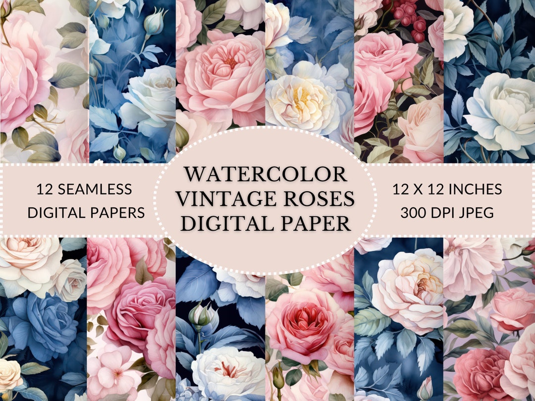 Digital Vintage Roses Papers: Vintage Retro Inspired Pink and Blue ...