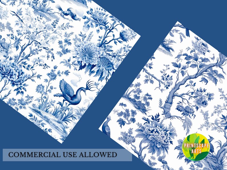 Blue Toile Digital Paper: Floral Fauna Seamless Pattern (JPG Download ...
