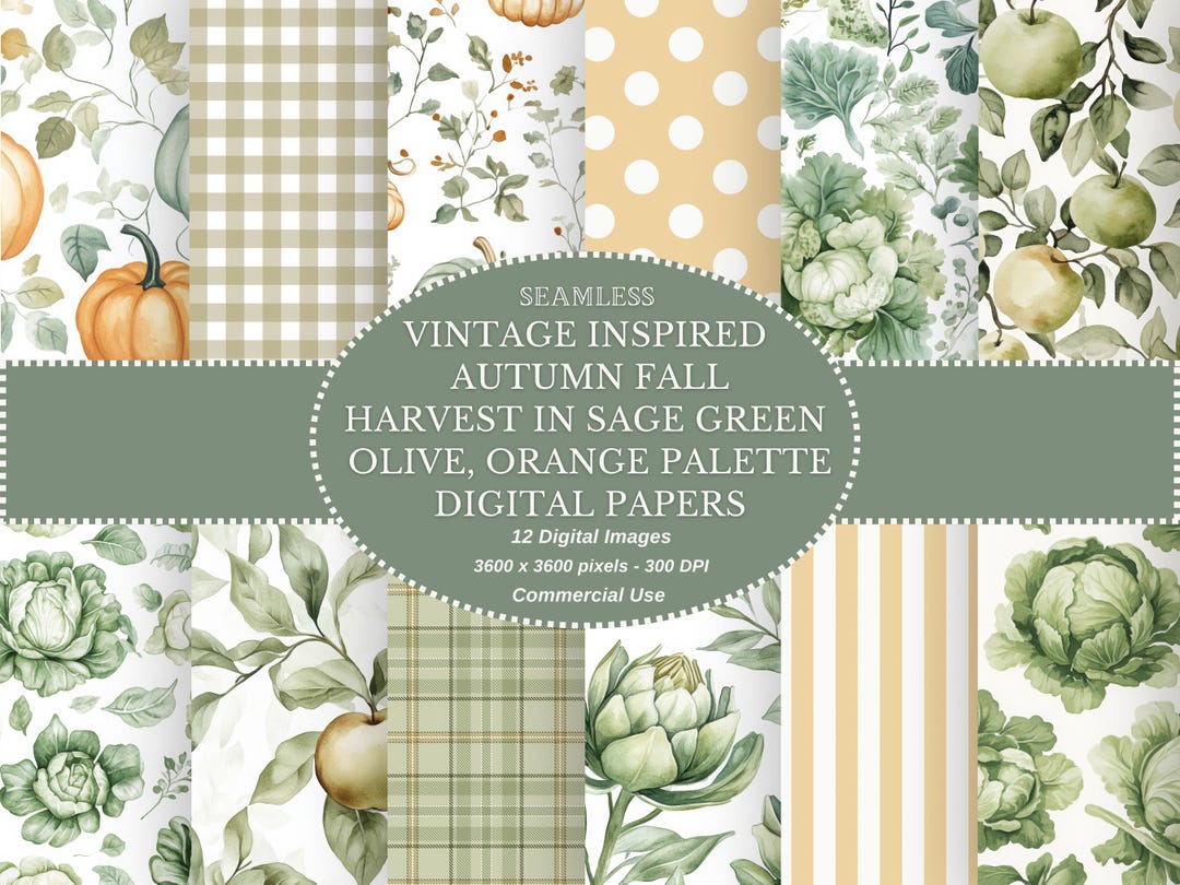 Autumn Harvest Digital Paper Set: Vintage Green & Orange Fall ...