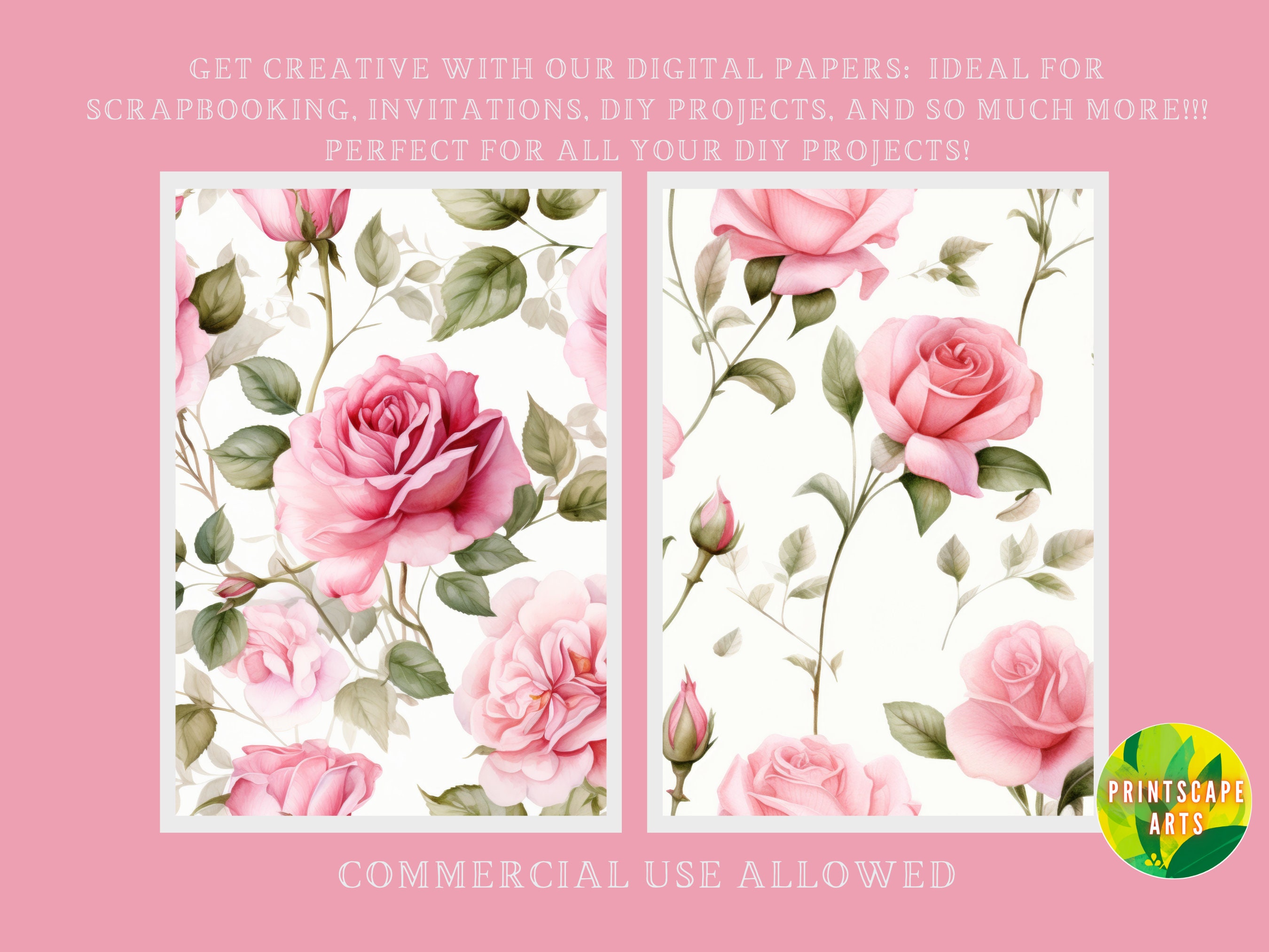 Watercolor Pink Roses Digital Paper Pack, Roses Seamless Pattern, Pink ...
