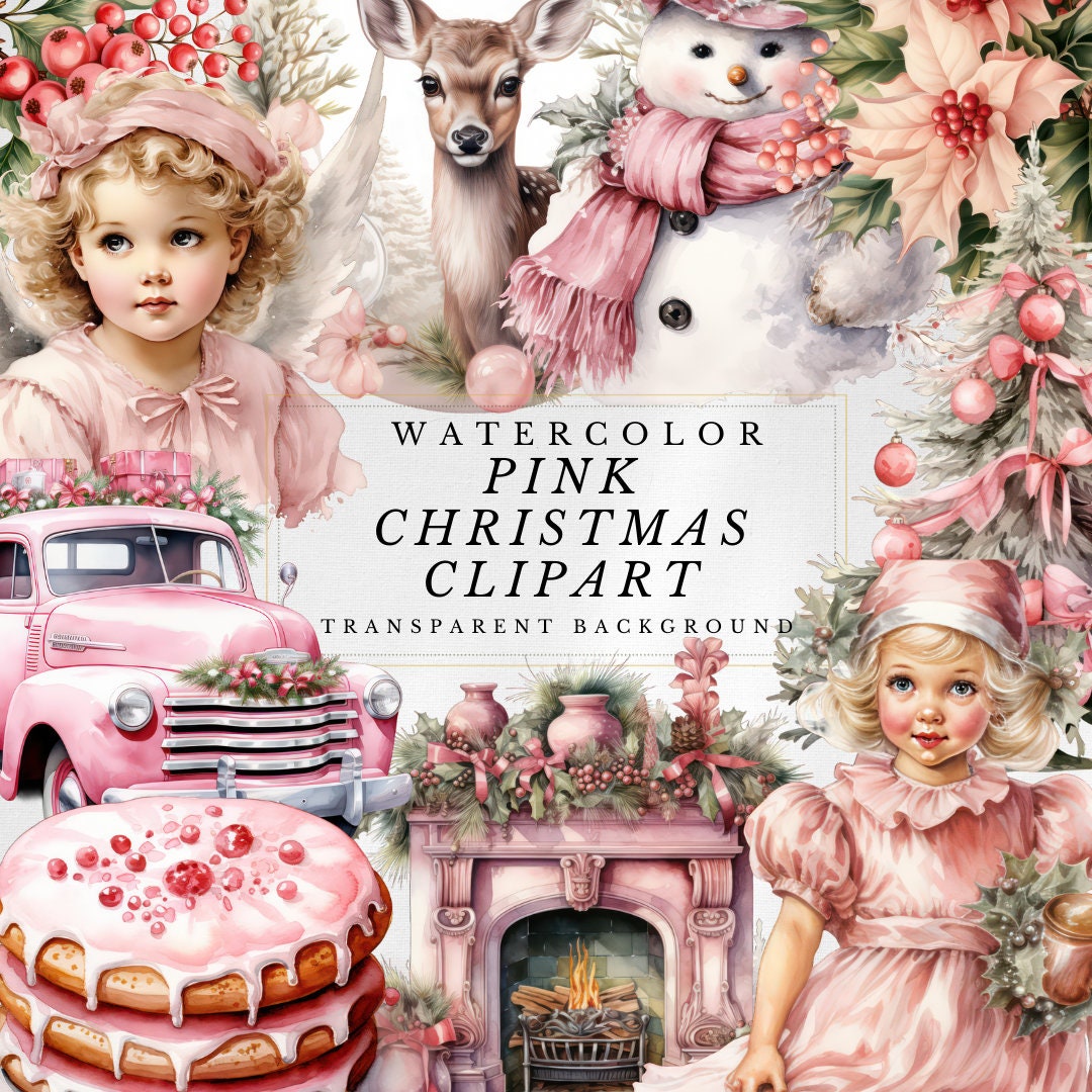 Vintage Pink Christmas Clipart Collection - Pink Retro Style, High ...