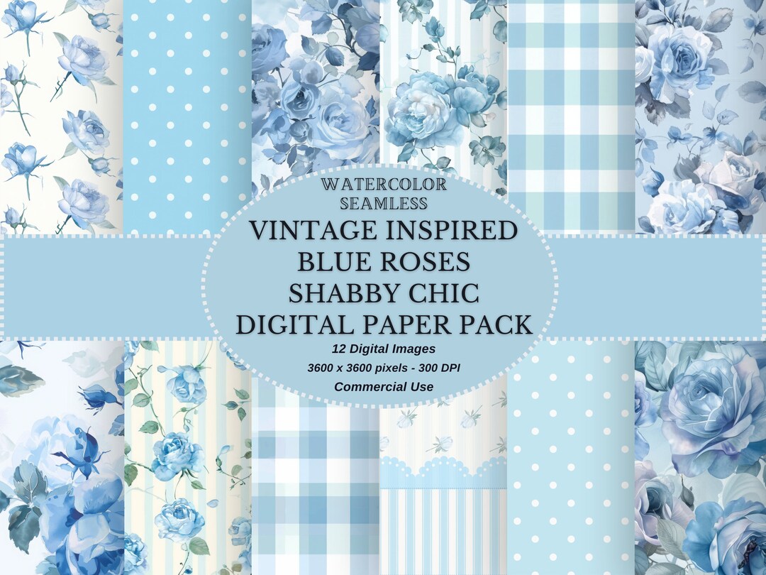 Vintage Blue Rose Digital Paper: Shabby Chic Floral Patterns (digital ...