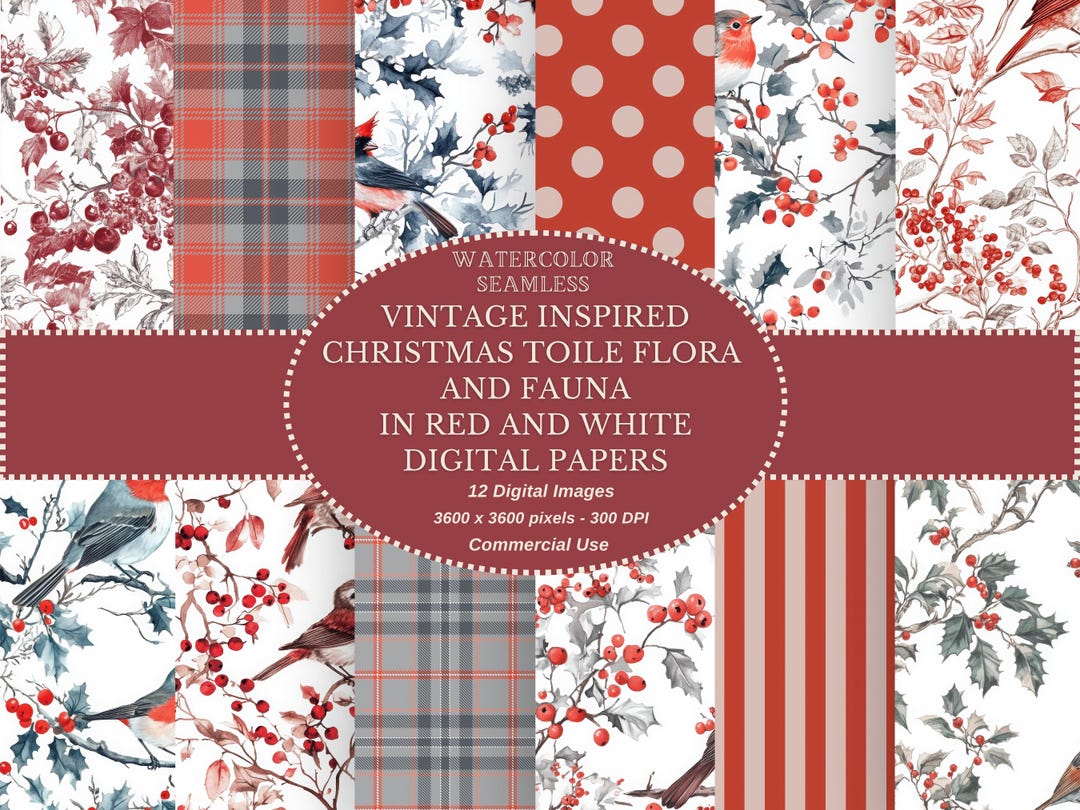 Christmas Toile Digital Paper: Red & White Flora Fauna (instant ...