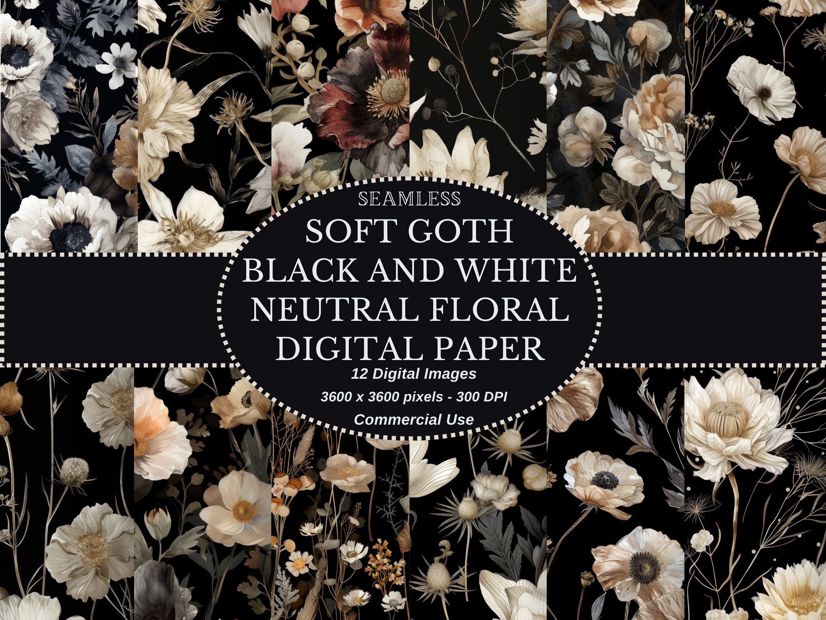 Seamless Digital Paper Moody Dark Florals: Soft Goth Floral Medley in ...