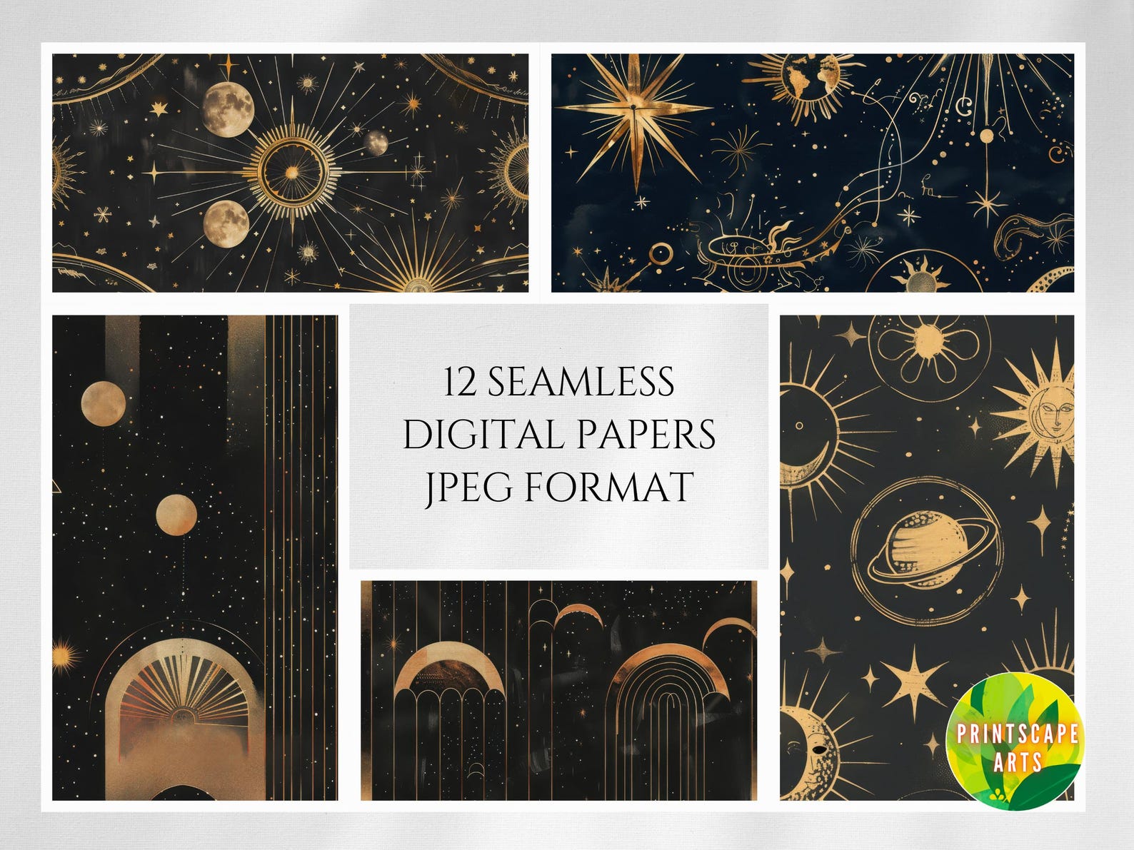 Celestial Gold and Black Digital Papers | Elegant Boho Inspired Designs ...