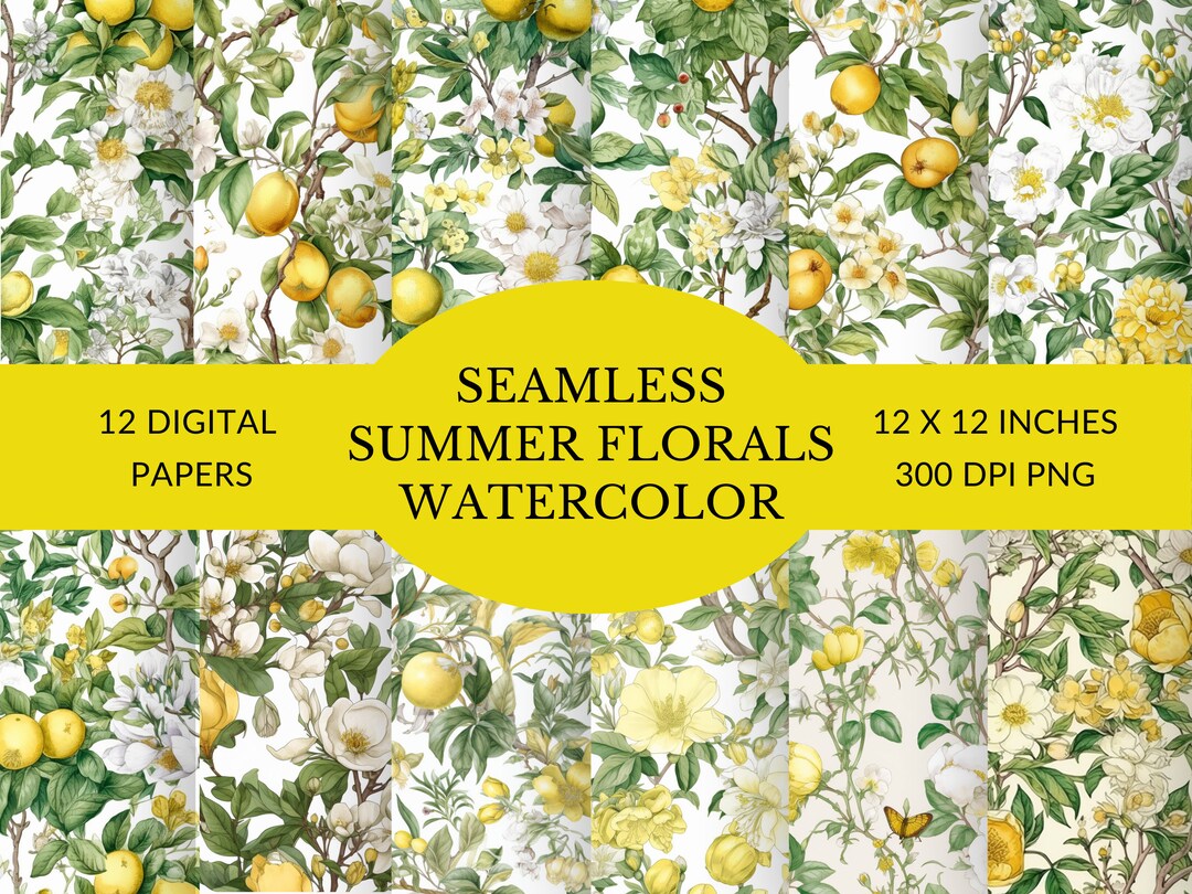 Watercolor Floral Digital Paper: Yellow & White Summer Fruits (digital ...
