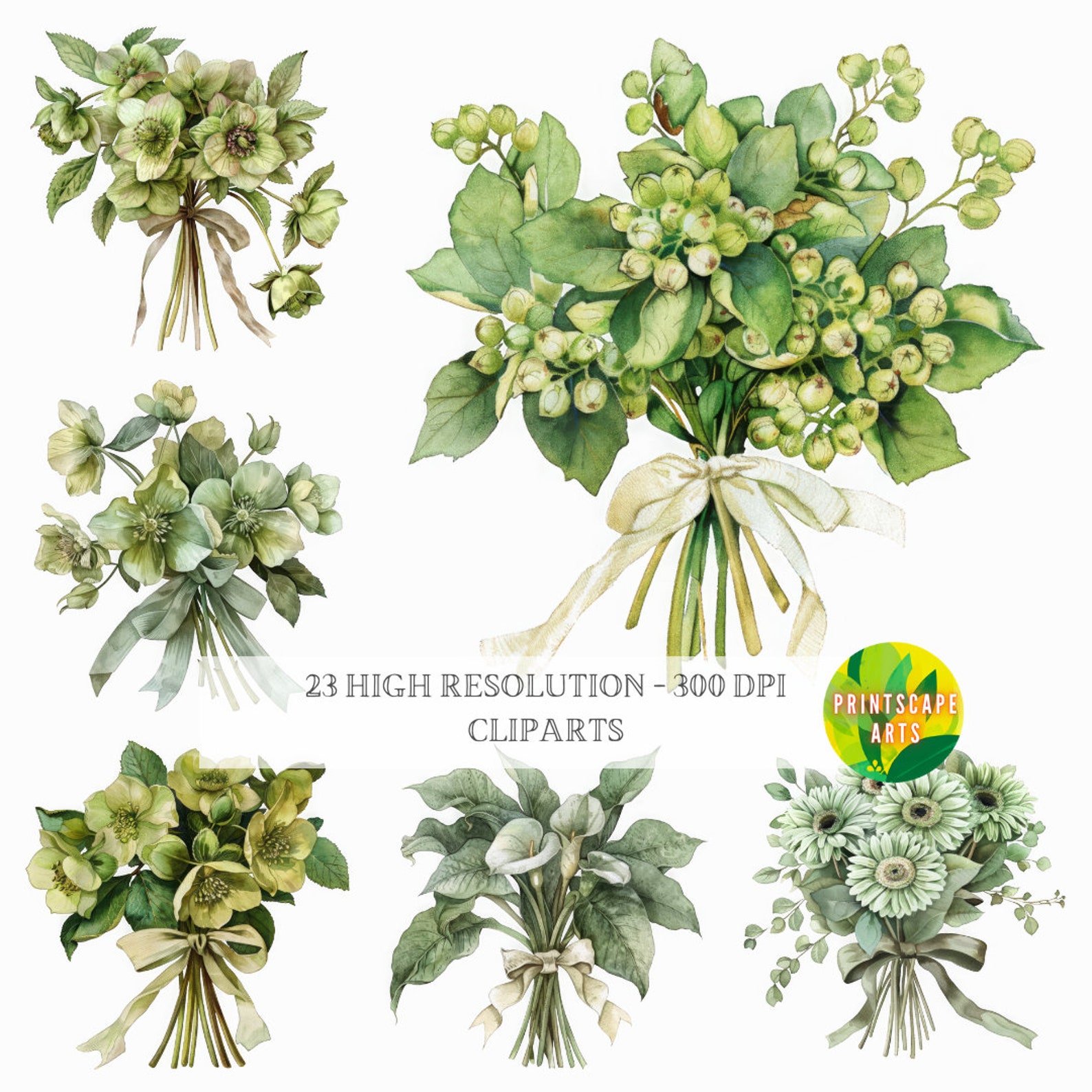 Green Floral Toile Clipart Set: Vintage Posies PNG (digital Download ...