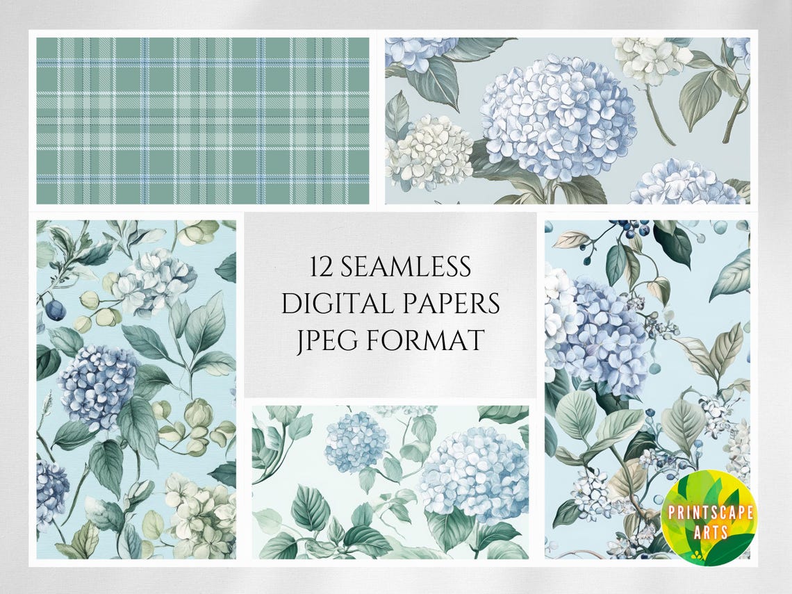 Vintage Toile Hydrangea Digital Paper: Pale Blue Floral (digital ...