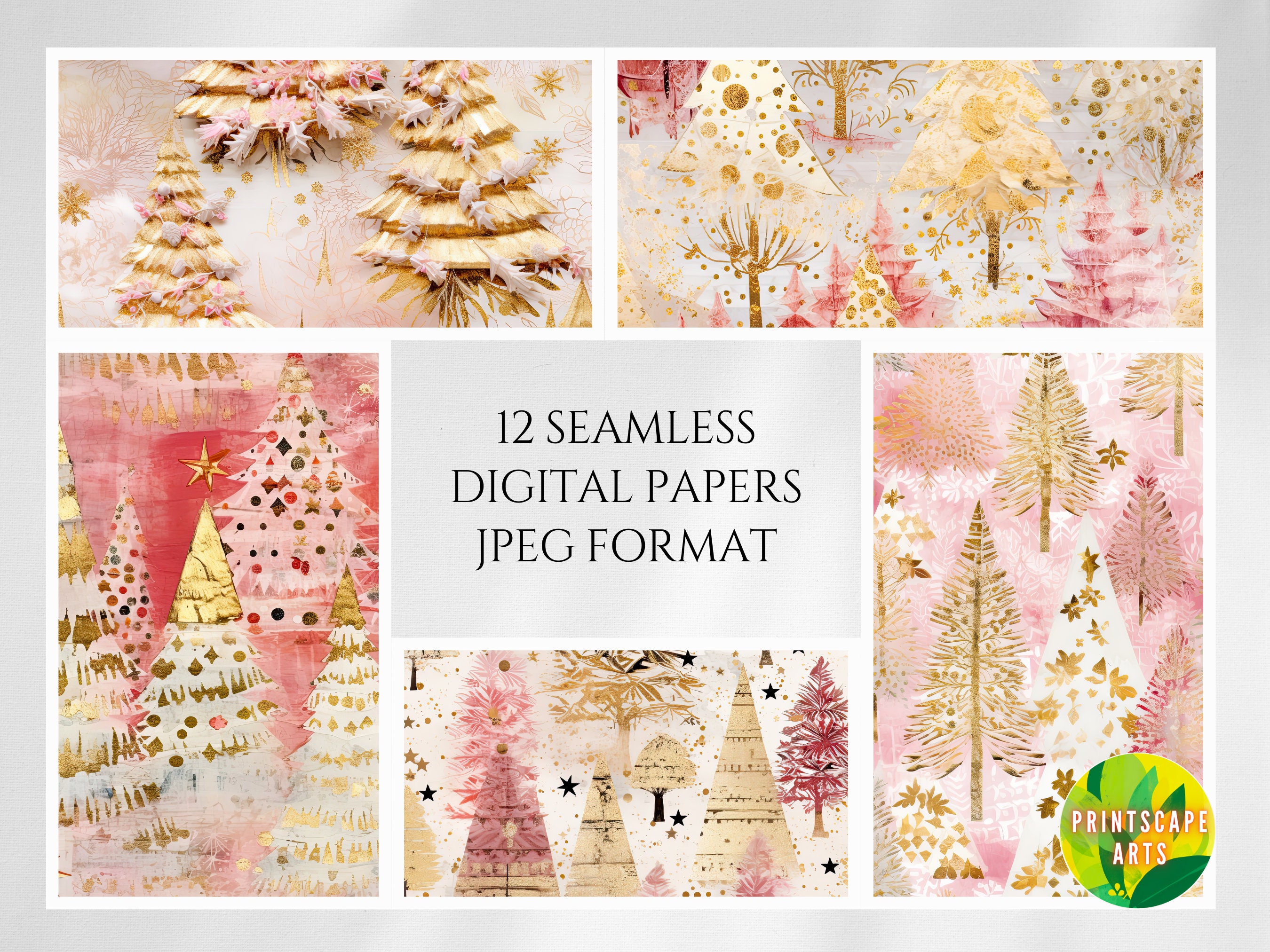 Printable Pink and Gold Christmas Digital Paper: Downloadable Vintage ...